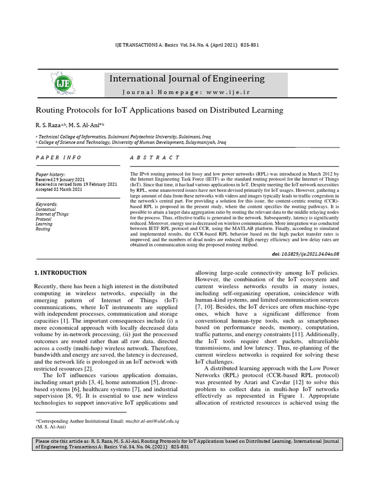 Routing Protocols For Iot Applications Based On Distributed Learning Pdf Computer Network