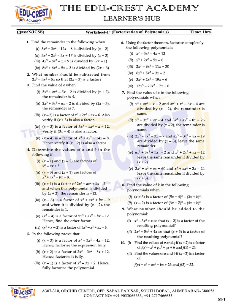 Worksheet - Factorization of Polynomial-2 | PDF