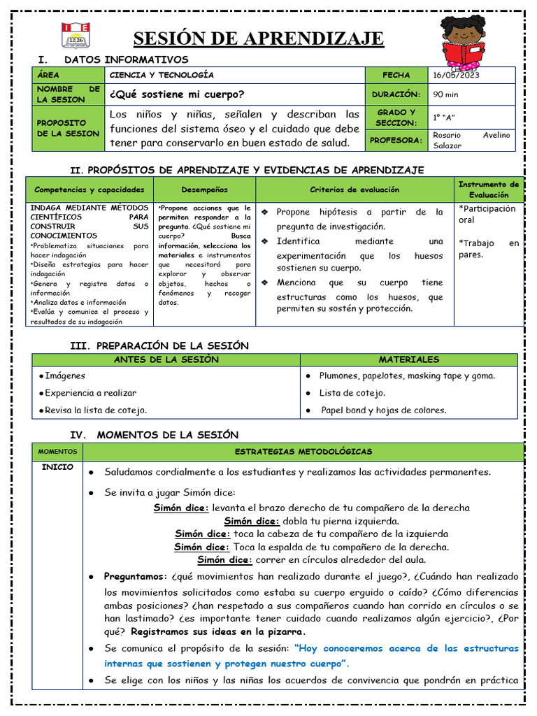SESION CYT QUÉ SOSTIENE MI CUERPO (2) Mis Rosario | PDF | Aprendizaje | Evaluación