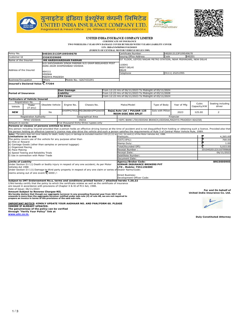 New Policy INS Doc 3ea50cfc61 | PDF | Insurance | Receipt