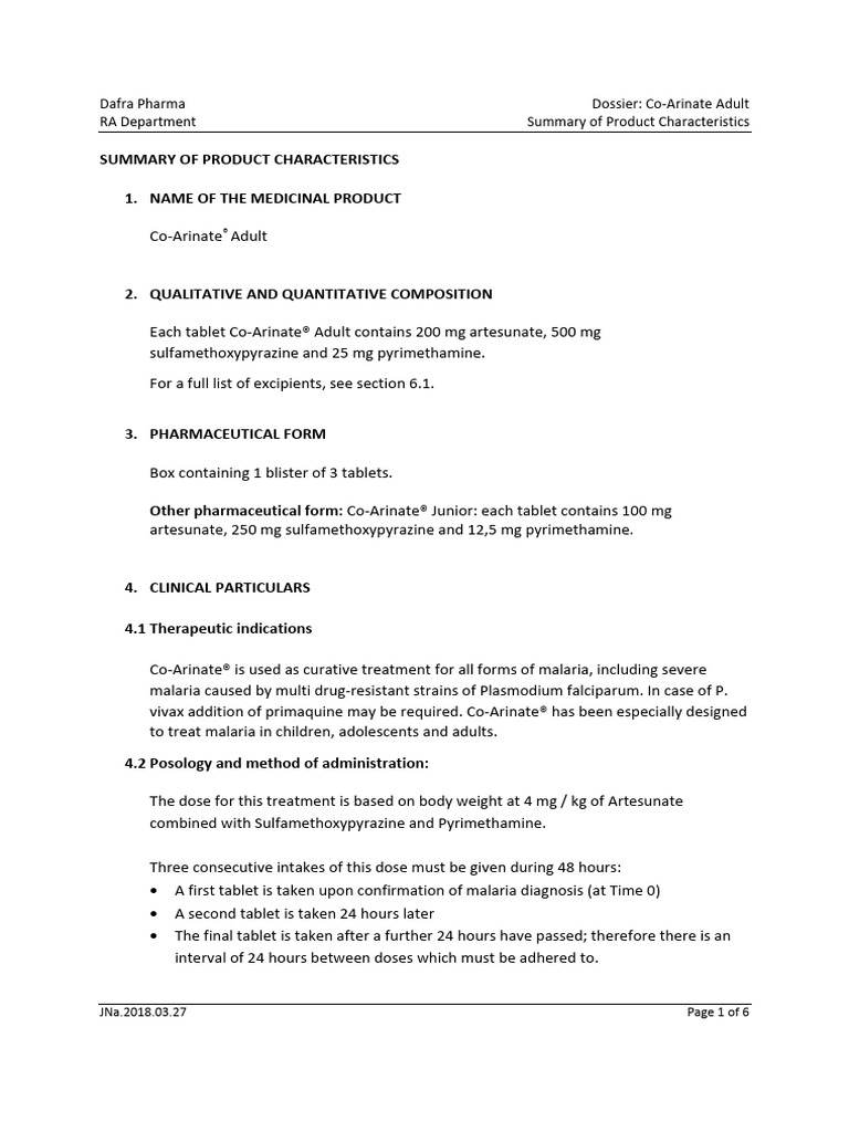 SMPC Co Arinate Adult JNa.2018.03 | PDF | Malaria | Pharmacology