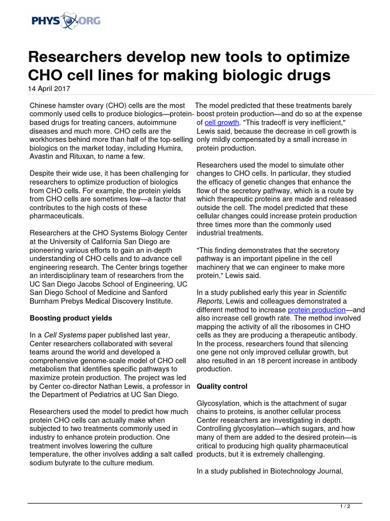 2017 04 Tools Optimize Cho Cell Lines | PDF | Biopharmaceutical | Proteins