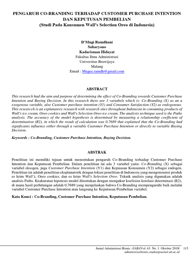 PENGARUH CO-BRANDING TERHADAP CUSTOMER PURCHASE INTENTION DAN KEPUTUSAN PEMBELIAN (Studi Pada ...