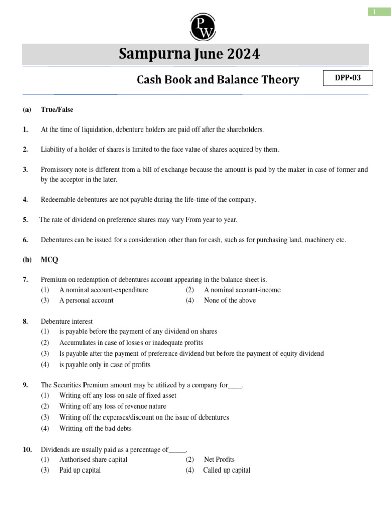 Cash Book & Balance Theory - DPP 03 | PDF | Dividend | Negotiable Instrument