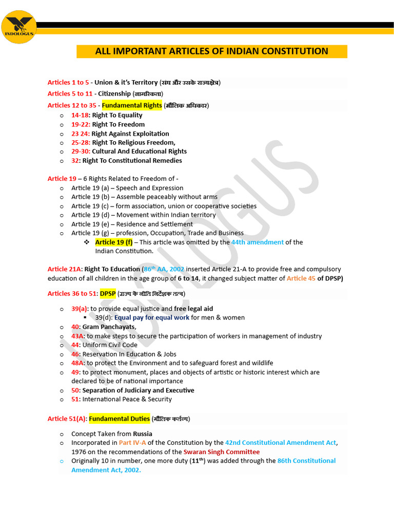 Key Articles of the Indian Constitution | PDF | Government Of India ...