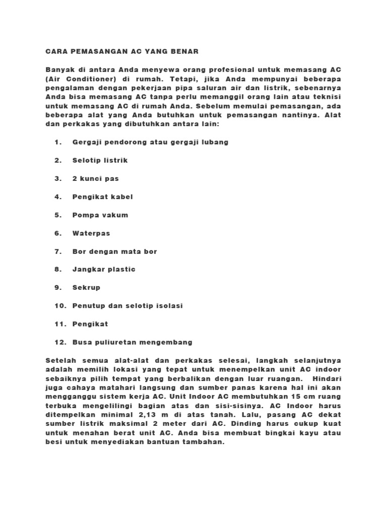 Cara Pemasangan Ac Yang Benar | PDF