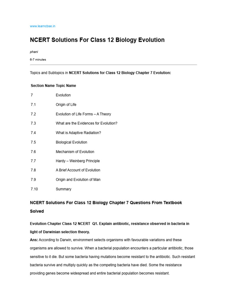 NCERT Solutions For Class 12 Biology Evolution | PDF | Homo | Evolution