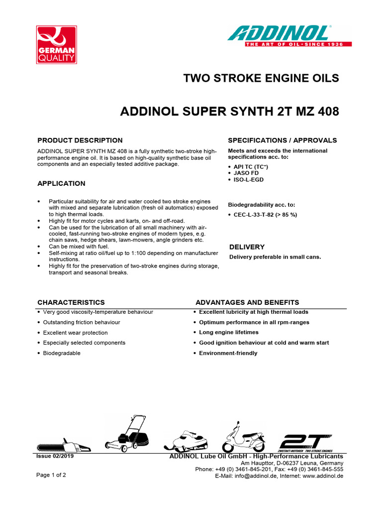 1-Addinol Super Synth 2T MZ 408 | PDF | Motor Oil | Lubricant