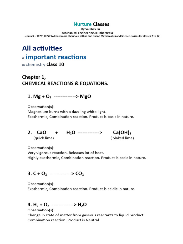 Chemistry Reactions for Class 10 | PDF | Hydroxide | Sodium Carbonate