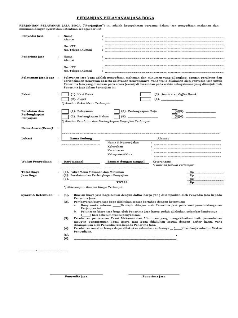 Draf Perjanjian Pelayanan Jasa Boga (Form) | PDF