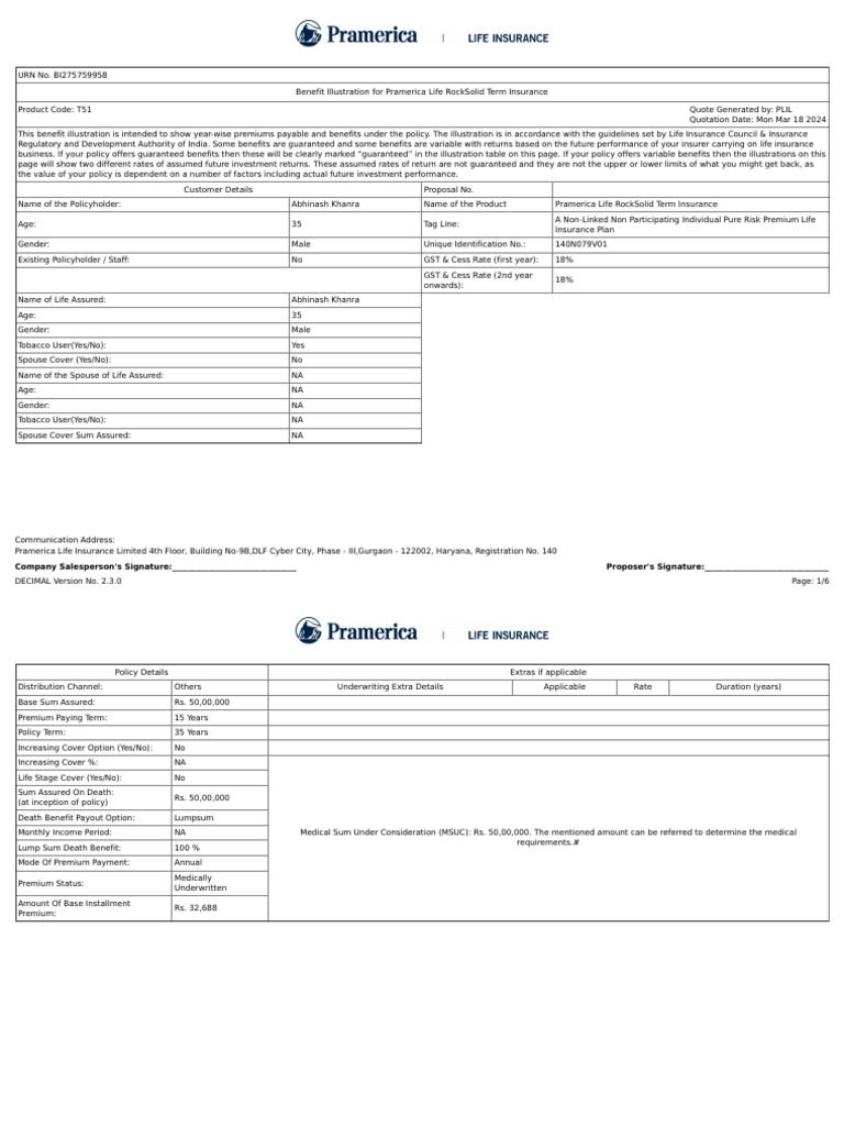 Abhinash Khanra Rocksolid Term Plan 10167 | PDF | Insurance | Life ...