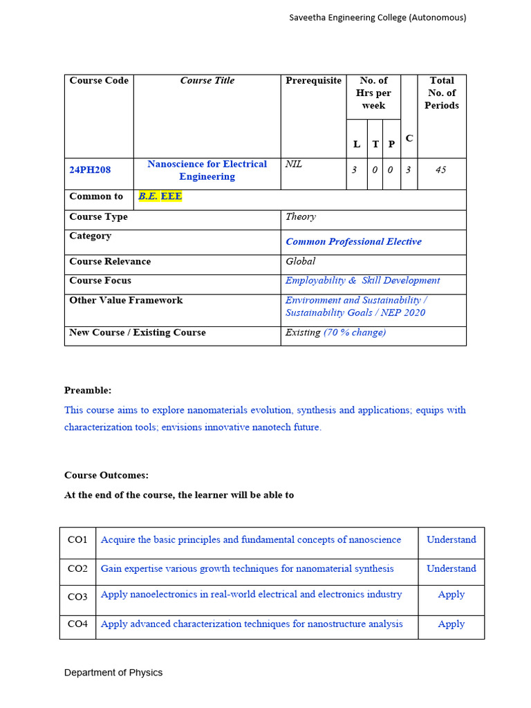 R2024-Nanoscience For Electrical Engineering-Syllabus-Dr M Silambarasan - Version | PDF ...