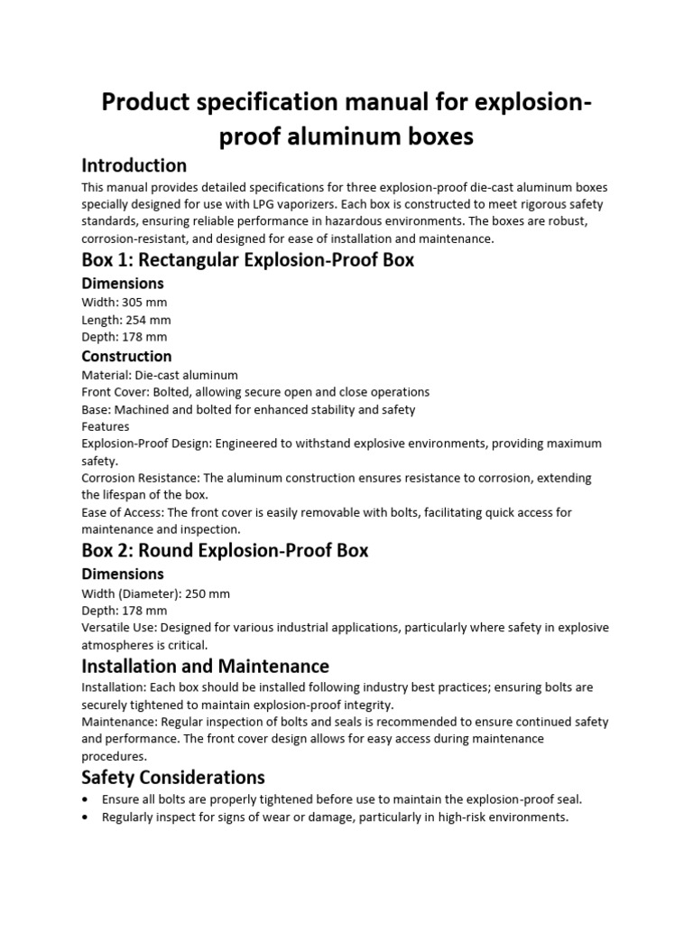 Product Specification Manual For Explosion | PDF | Screw | Safety