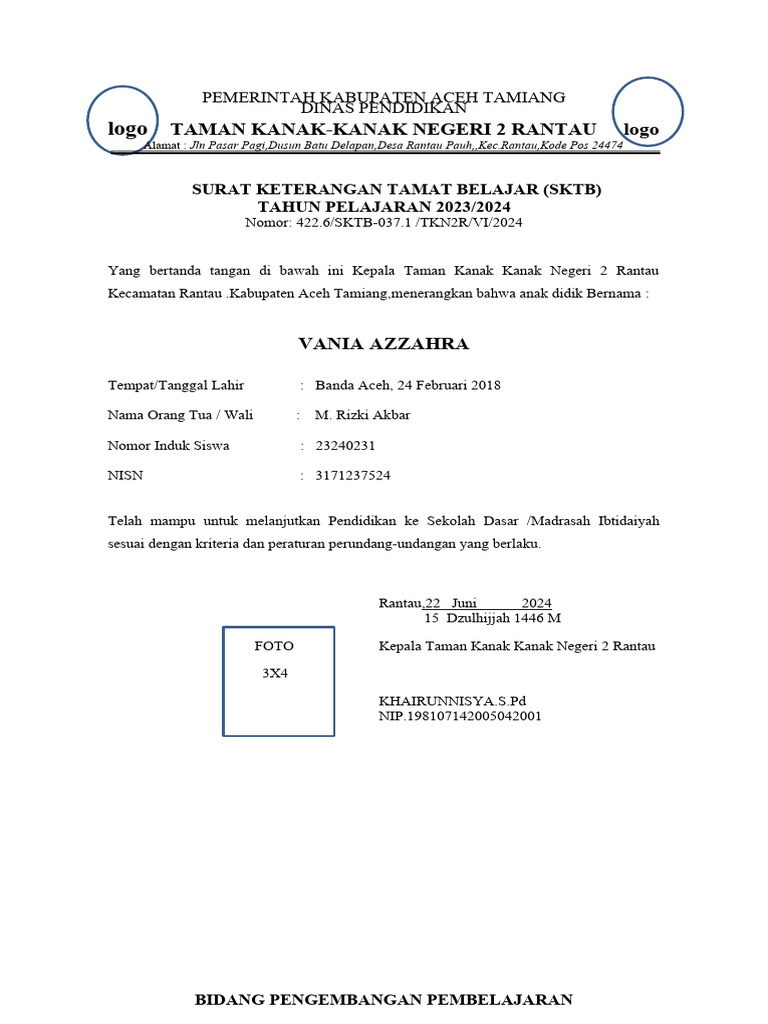 Contoh Ijazah TK Negeri 2 Rantau | PDF