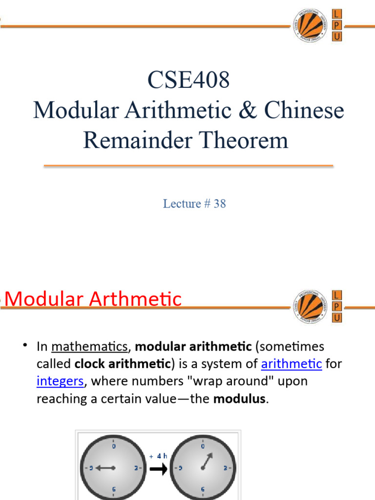 Lecture 38 (Modular Arth, Chainees Rem) | PDF | Integer | Arithmetic