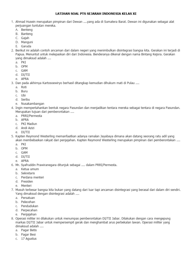 Latihan Soal Pts Sejarah Indonesia Kelas Xi | PDF