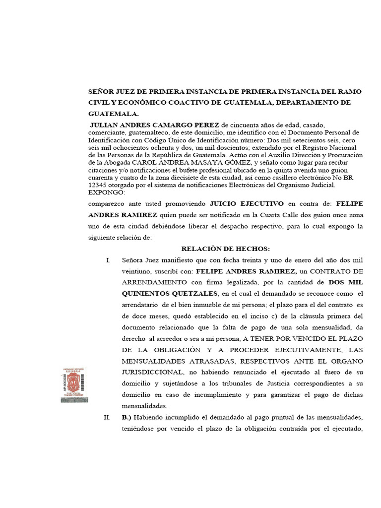 DEMANDA JUICIO EJECUTIVO CONTENIDO DOCUMENTO PRIVADO | PDF | Demanda judicial | Guatemala