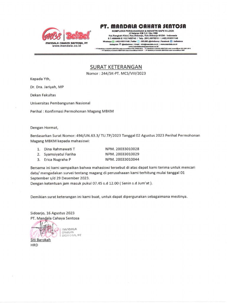 Surat Keterangan Magang | PDF