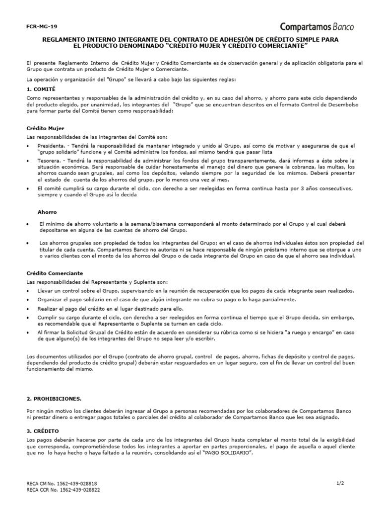 FCR-MG-19 Reglamento Interno Grupal | PDF | Bancos | Crédito