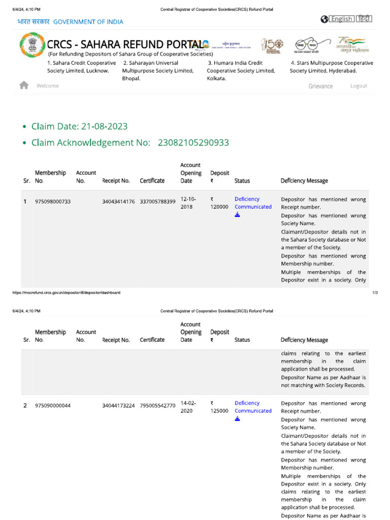 Sahara Refund Rectification Details | PDF