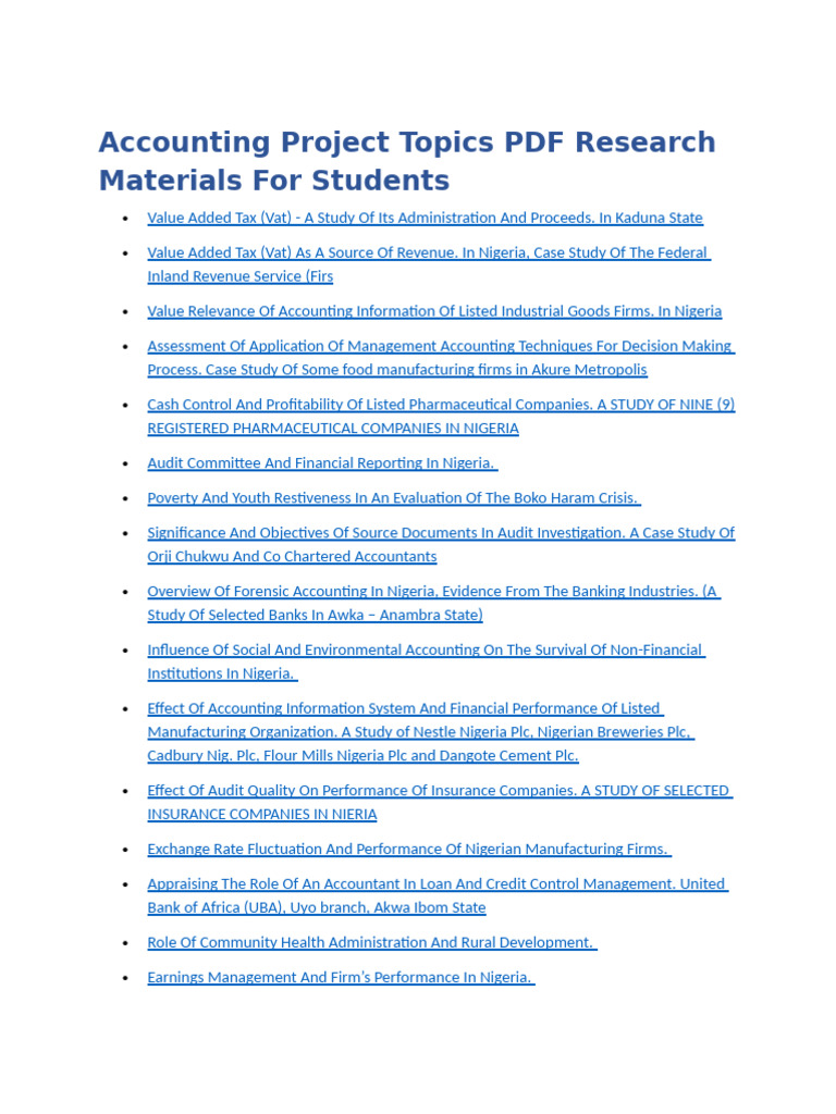 Accounting Project Topics PDF Research Materials For Students | PDF ...