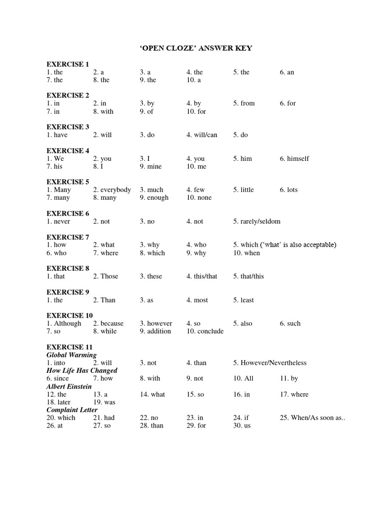 Open Cloze Answer Key | PDF
