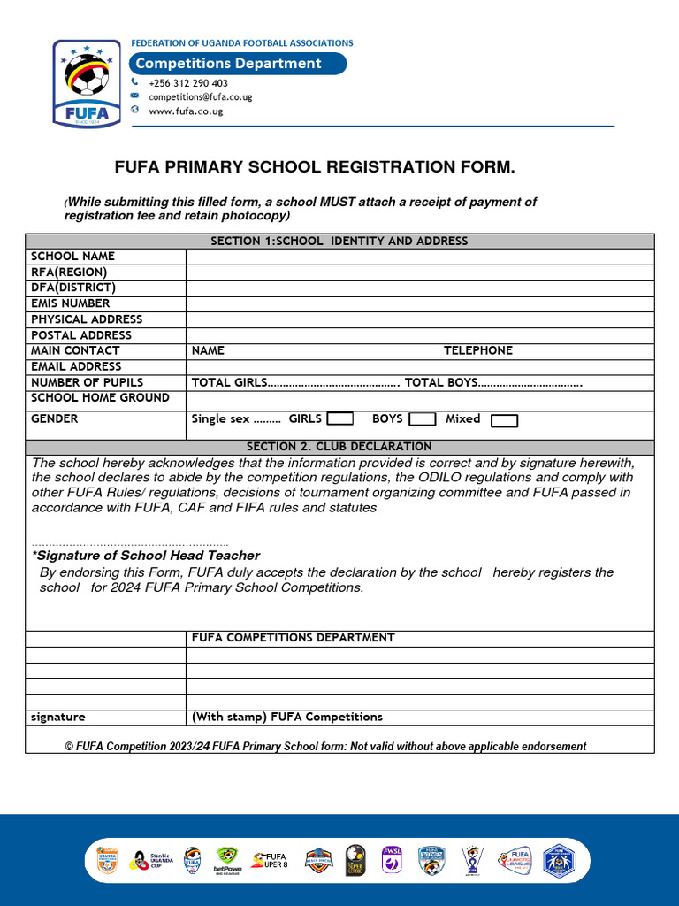 FUFA Primary School Registration Form | PDF | Sports & Recreation