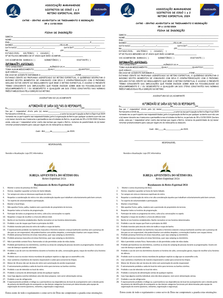 Ficha Retiro 2024 | PDF | Igreja Adventista do Sétimo Dia