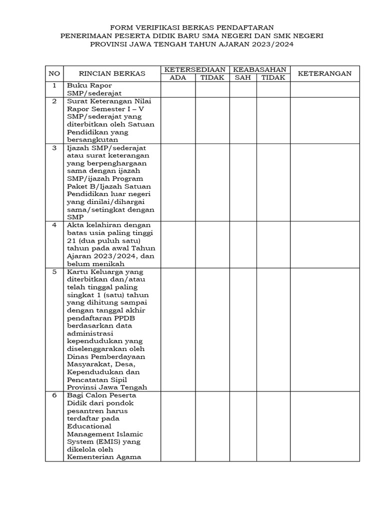 Form Verifikasi Berkas Pendaftaran PPDB-1 | PDF