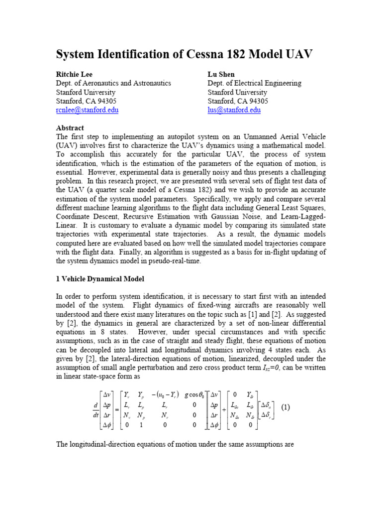LeeShen-SystemIdentificationOfCessna182ModelUAV | PDF | Mathematical Model | Least Squares