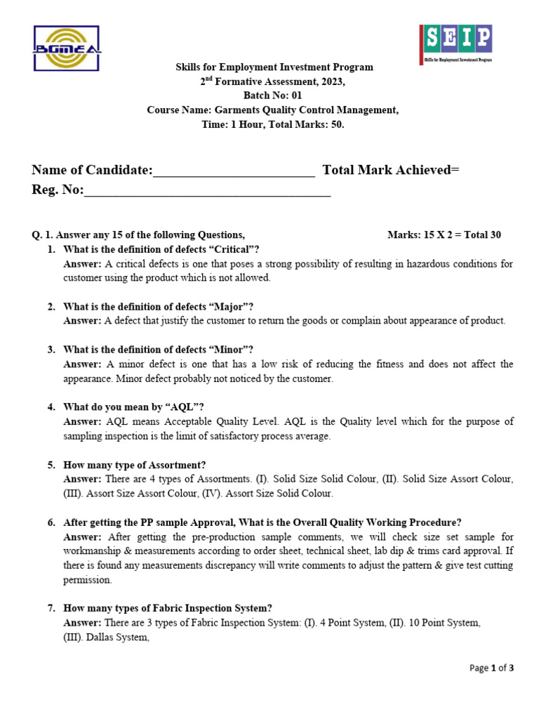 2nd Formative Assessment Question & Answer on Garments Quality Control ...
