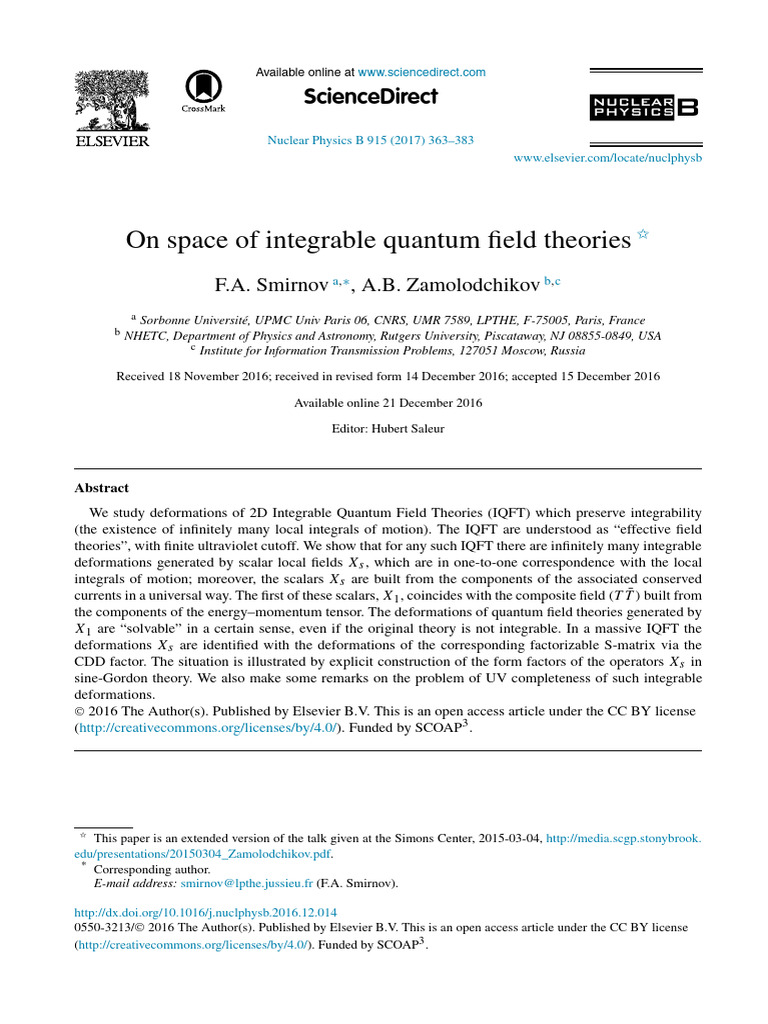 On Space of Integrable Quantum Field Theories | PDF | Field (Mathematics) | Euclidean Vector