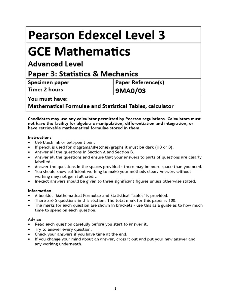 Edexcel GCE Math Specimen Paper | PDF | Statistics | Mathematics