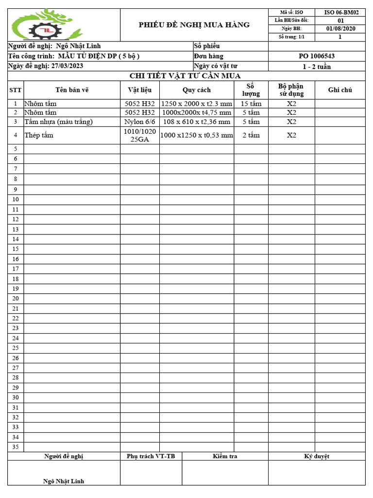 PHIEU YEU CAU HANG MAU DP PO 1006543 | PDF