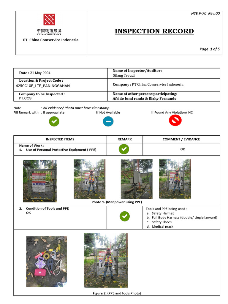 QHSE. F-76 Site Inspection Record - SUM-SB-ARS-0001-21 May | PDF ...