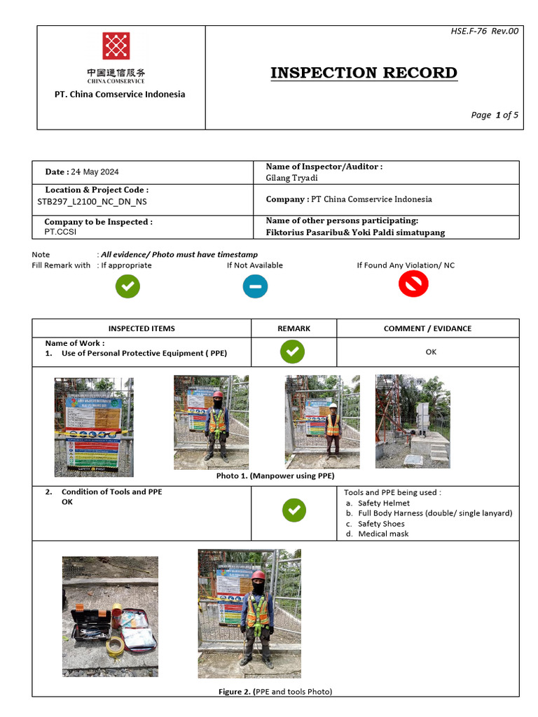 QHSE. F-76 Site Inspection Record - STB297 - L2100 - NC - DN - NS - 24 ...