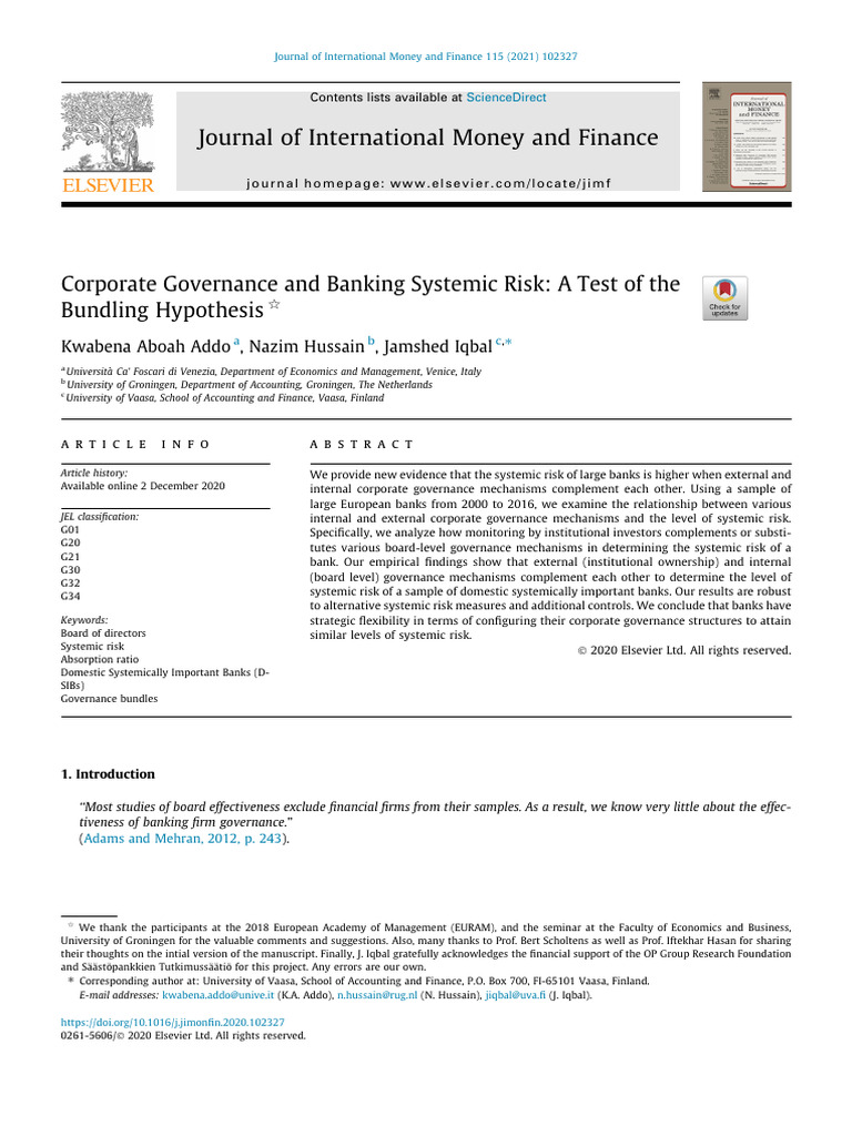Corporate Governance and Banking Systemic Risk A Test of The | PDF ...