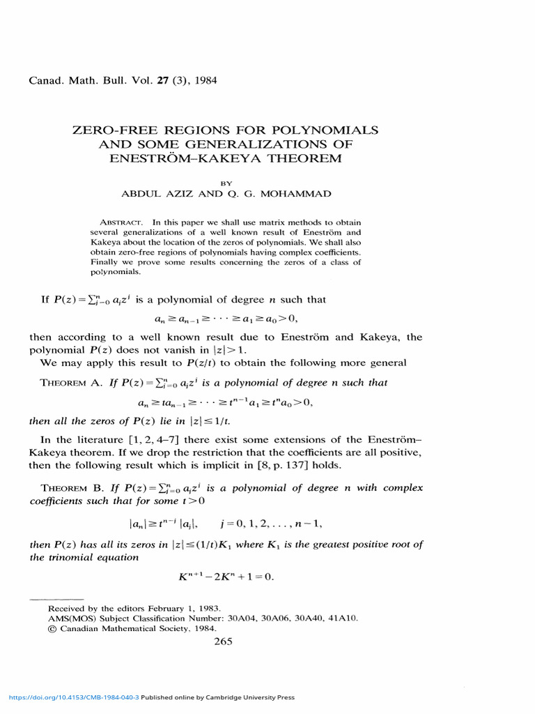1984, Aziz, Muhammad, Zero-Free-Regions-For-Polynomials-And-Some-Generalizations-Of-Enestrom ...