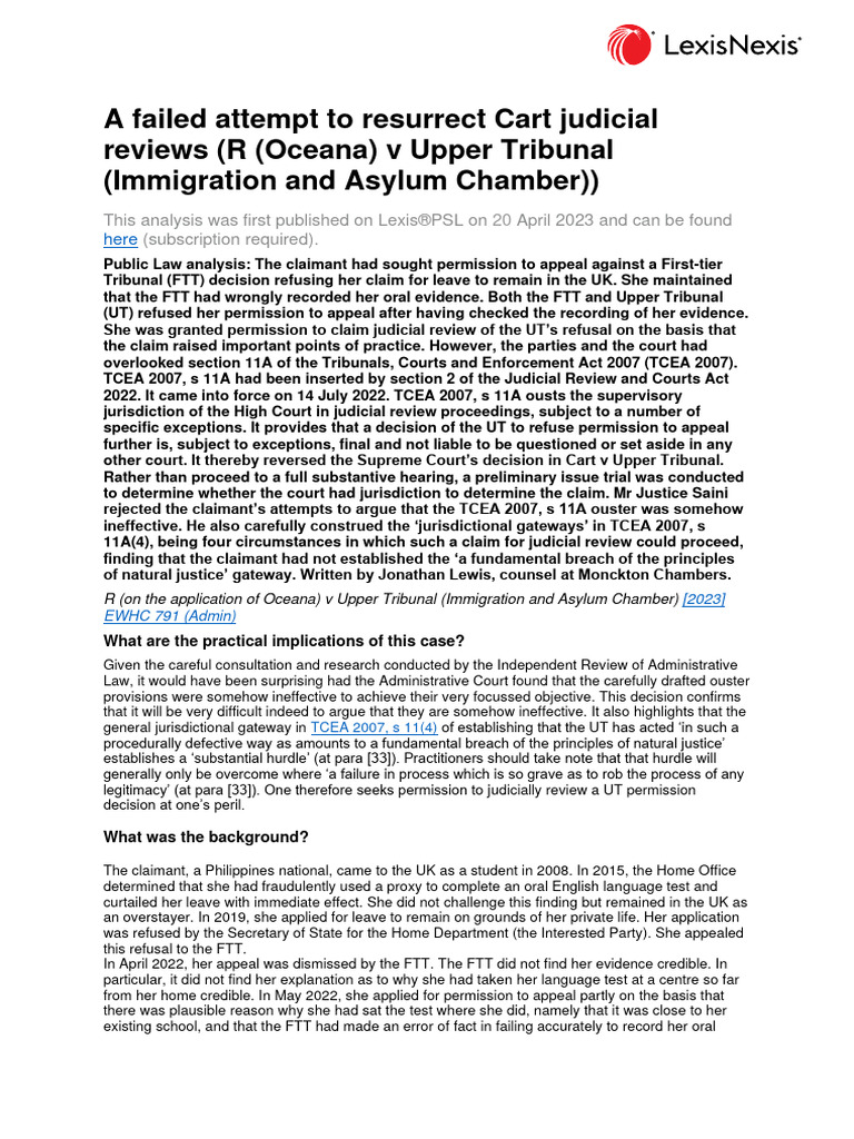 R Oceana V Upper Tribunal Immigration and Asylum Chamber | PDF | Judicial Review | Appeal