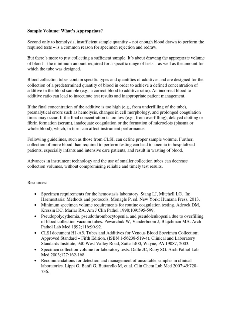 Sample Volume Whats Appropriate | PDF | Coagulation | Hemostasis