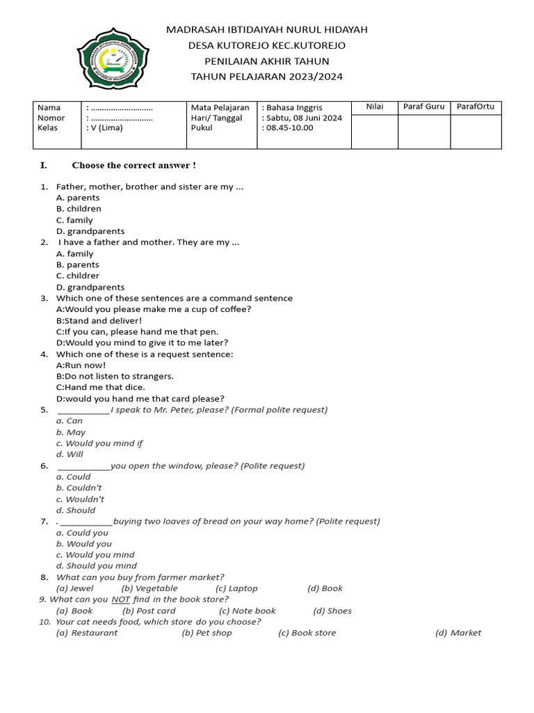 Soal PAT Bahasa Inggris Kelas 5 Juni 2014 | PDF