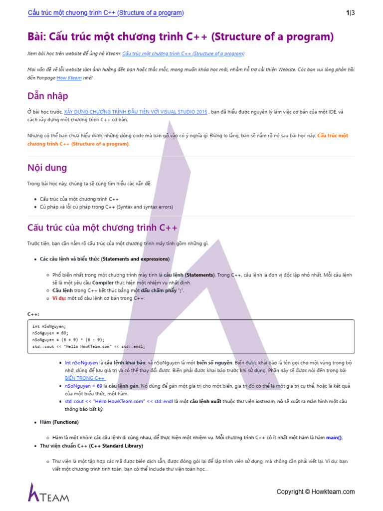 HOWKTEAM.vn - Cấu Trúc Một Chương Trình C++ (Structure of a Program) | PDF