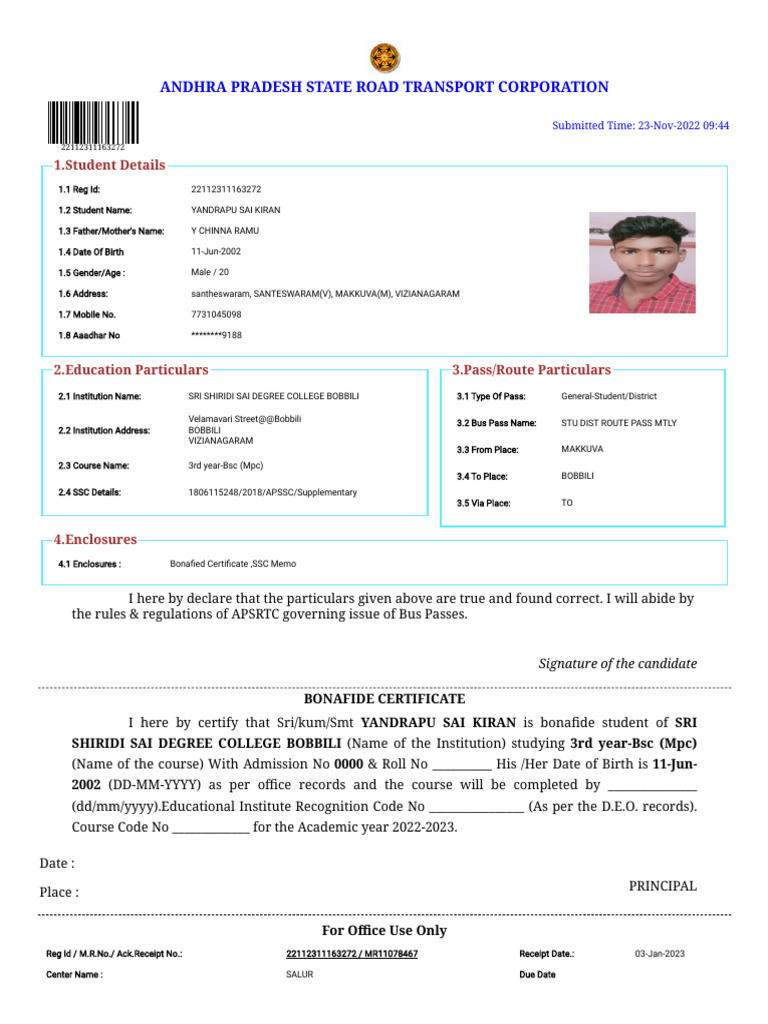 APSRTC BUS PASS - Sai | PDF | Bus Transport
