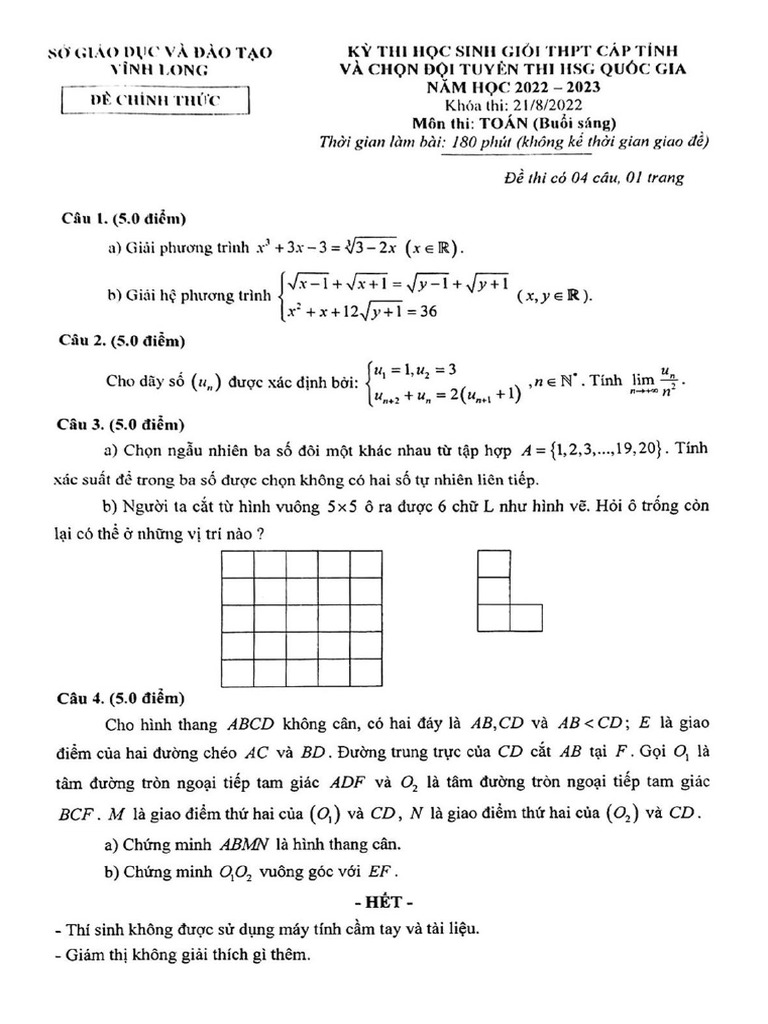 De Thi Hoc Sinh Gioi Toan THPT Cap Tinh Nam 2022 2023 So GDDT Vinh Long | PDF