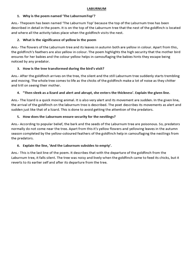 Laburnum 11 Question Answers PDF