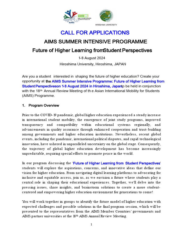 (CALL FOR APPLICATIONS) AIMS Summer Intensive Program | PDF | Hiroshima ...