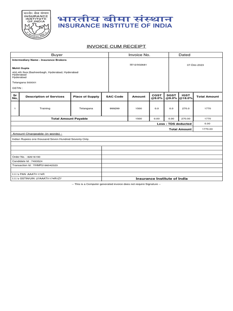 Invoice Receipt for Training Services | PDF | Finance & Money Management