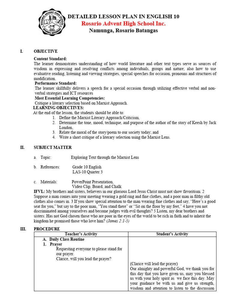 10 English Lesson Plan | PDF | Marxism | Karl Marx