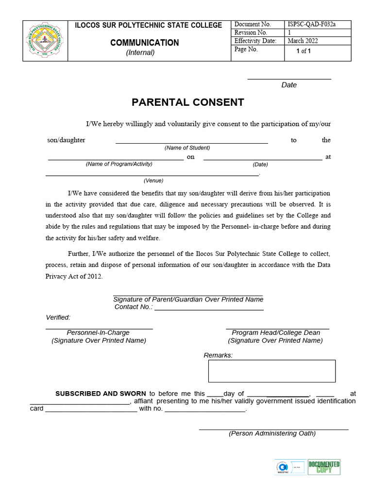 Notarized Parental Consent Form | PDF