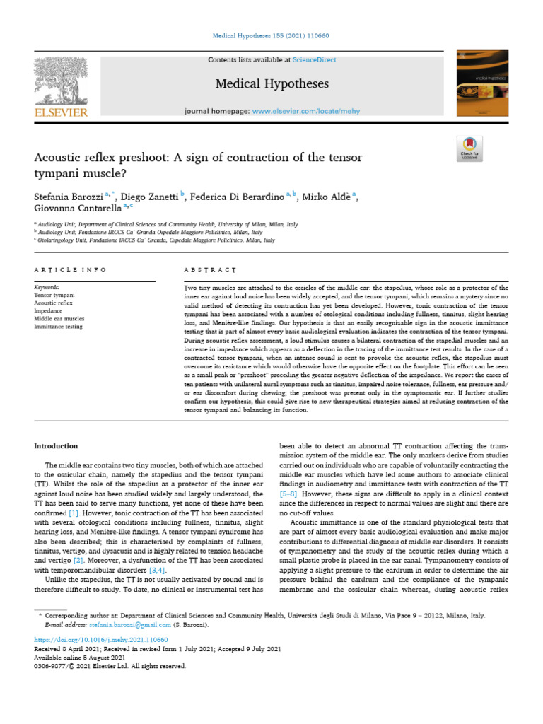 Acoustic Reflex Preshoot A Sign of Contraction of The Tensor Tympani ...